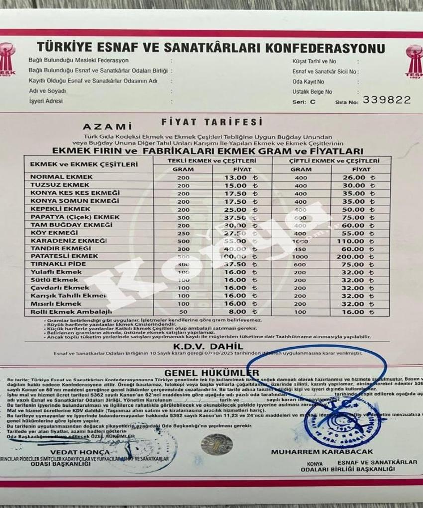 Konya'da ekmeğin yeni fiyatı belli oldu! Artık zamlı tarife geçerli ...